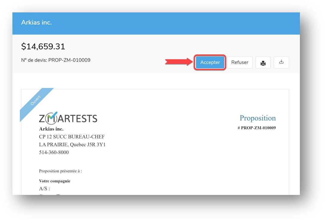 Zoho - Accepter Proposition – Zmartests.com - Centre d'aide